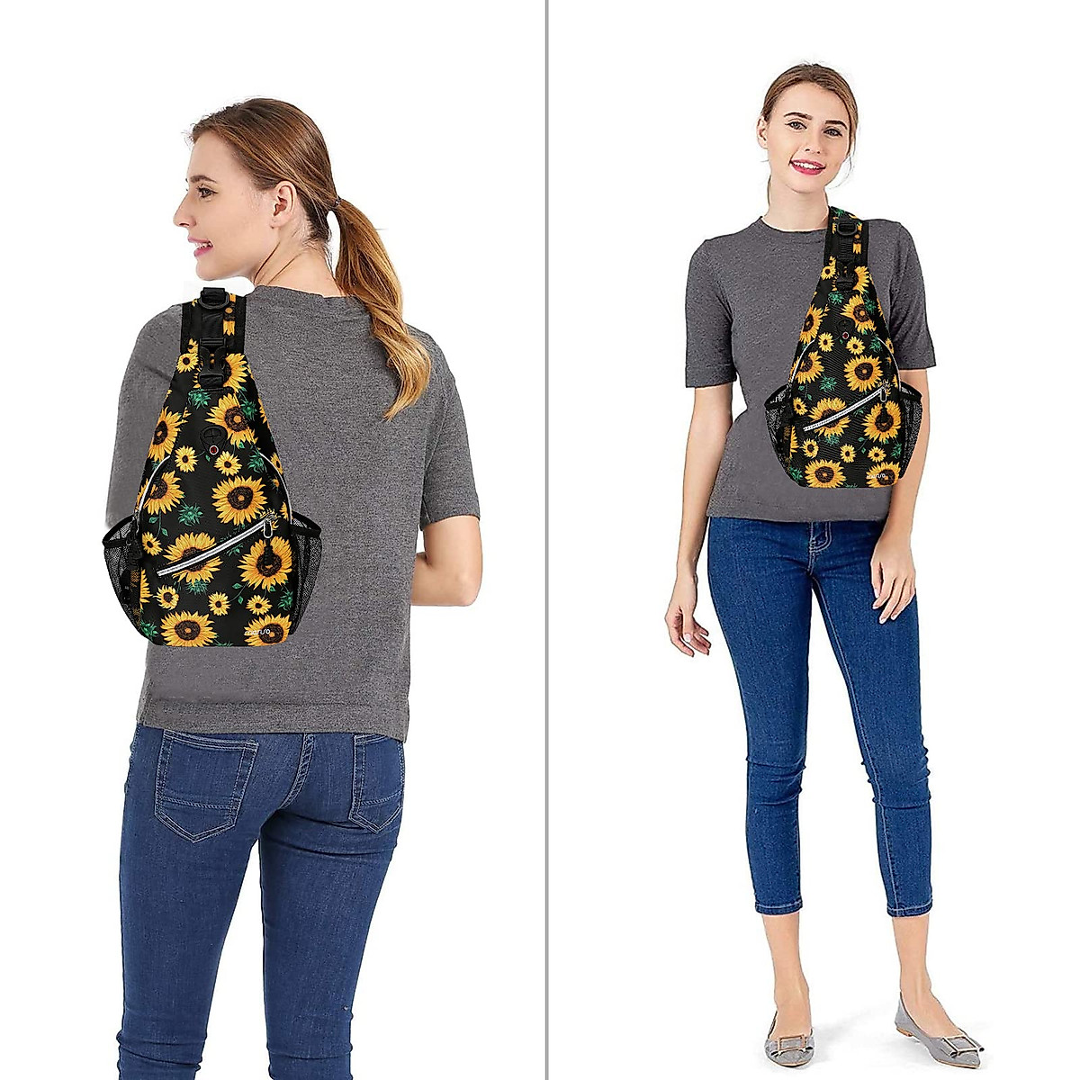 MOSISO Mini Sling Backpack, Small Travel Hiking Daypack Sunflower Rope Crossbody Shoulder Bag, Black