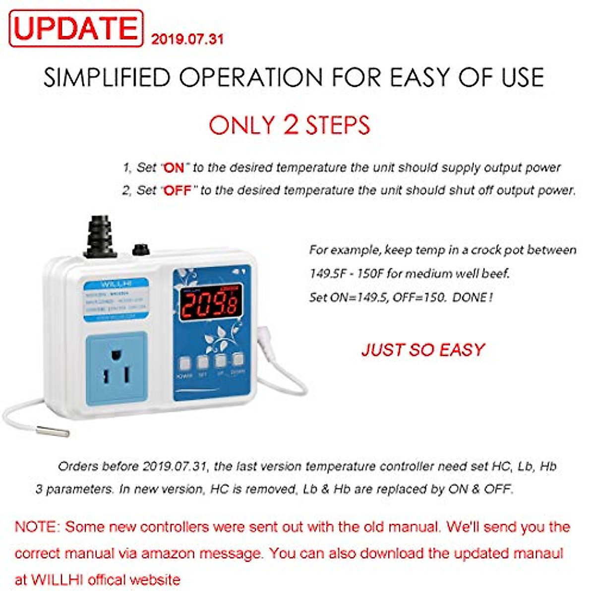 WILLHI WH1436A 10A Temperature Controller 110V Digital Thermostat Switch Sous Vide Controller NTC 10K Sensor Improved Version
