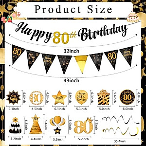 Hapdoo 80th Birthday Decorations Set - 80th Birthday Decorations Men Happy 80th Birthday Banner Triangle Flag Hanging Swirls Streamers for Women Men Birthday Party Decorations Supplies, Black and Gold