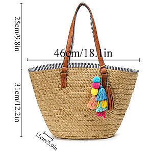 Molodo Straw Bag Round Summer Straw Large Woven Beach Bag Purse For Women Vocation Tote Handbags With Pom Poms