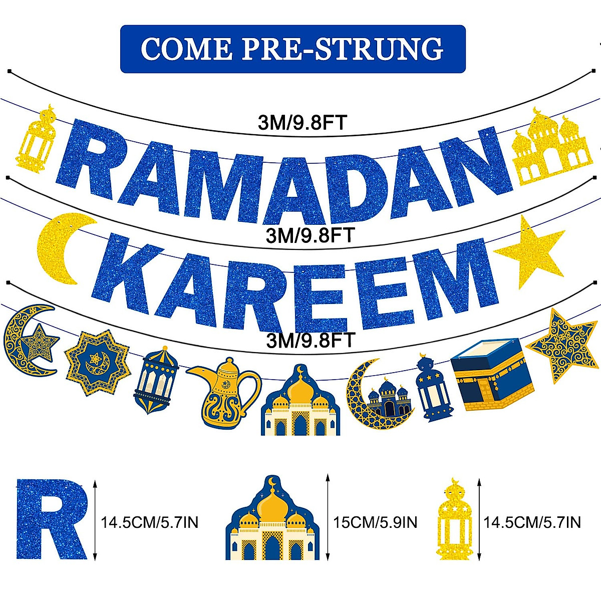 JKQ Blue Glitter Ramadan Kareem Banner and Lantern Star Moon Castle Pattern Banner Muslim Ramadan Mubarak Garland Banner Islamic Eid Mubarak Festival Celebration Party Fireplace Decorations