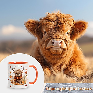 Hyturtle Fall Highland Cow Maple Leaves Coffee Mug - Birthday Gifts For Cow Lovers - Fall Autumn Decor Gifts For Farmhouse Thanksgiving - Highland Cow Gifts - 11oz White Ceramic Coffee Tea Mug