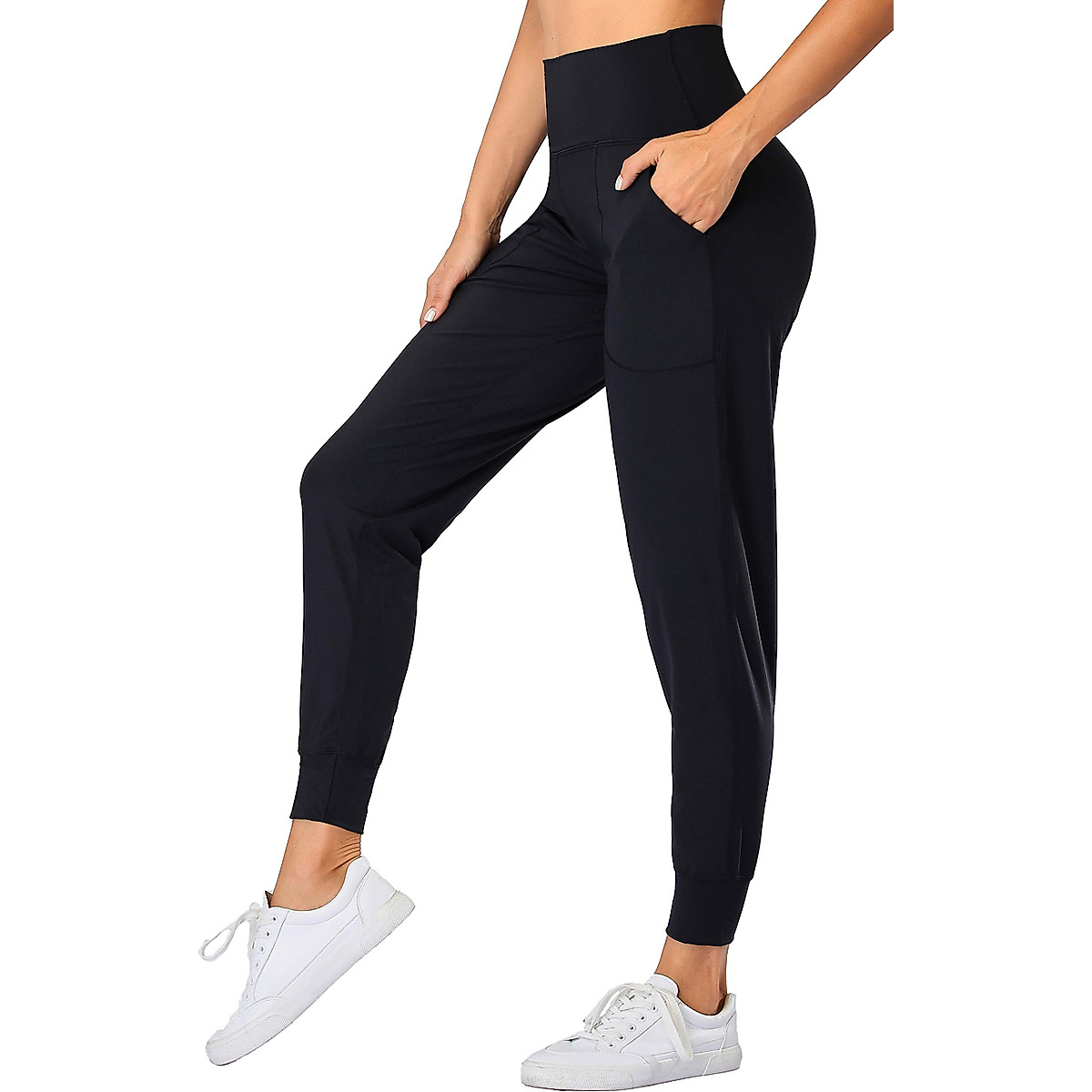 Oalka Women's Joggers High Waist Yoga Pockets Sweatpants Sport Workout Pants Black XL