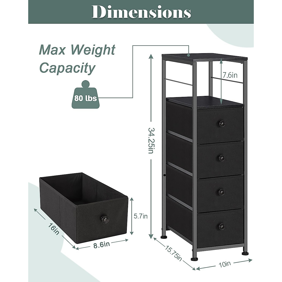 MOOACE Narrow Dresser Storage Tower, Slim Drawers Cabinet, Chest of 4 Fabric Drawers with Wood Shelf, Storage Dresser for Bedroom, Bathroom, Small Space, Closet, Laundry, Black