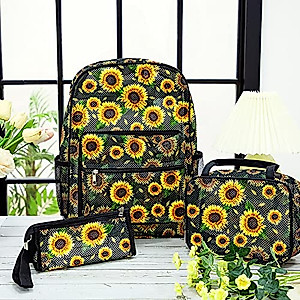 Silkfly Sunflower Mesh Backpack Cow Semi Transparent Sackpack School Bags for Girls with Cow Sunflower Lunch Bag and Pencil Case See Through Beach Bag Mesh (Sunflower Style)