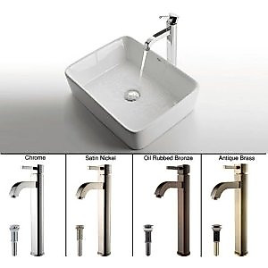 KRAUS 19-inch Modern Rectangular White Porcelain Ceramic Bathroom Vessel Sink and Ramus Faucet Combo Set with Pop-Up Drain, Chrome C-KCV-121-1007CH