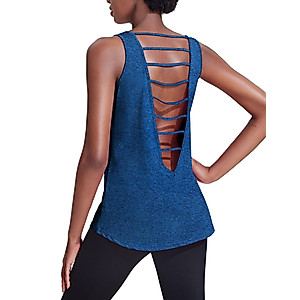 PINSPARK Sleeveless Workout Tank Tops for Women Backless Yoga Shirts Open Back Shirts Dark Blue Small