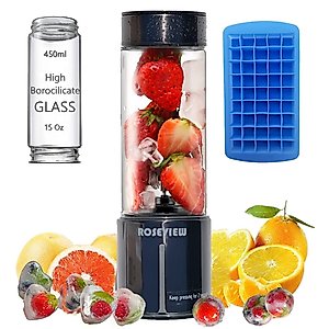 Portable Smoothie blender Glass bottle Mini USB rechargeable 2 battery Handheld Shakes blend Cup USB juicer Cordless (Jet Black)