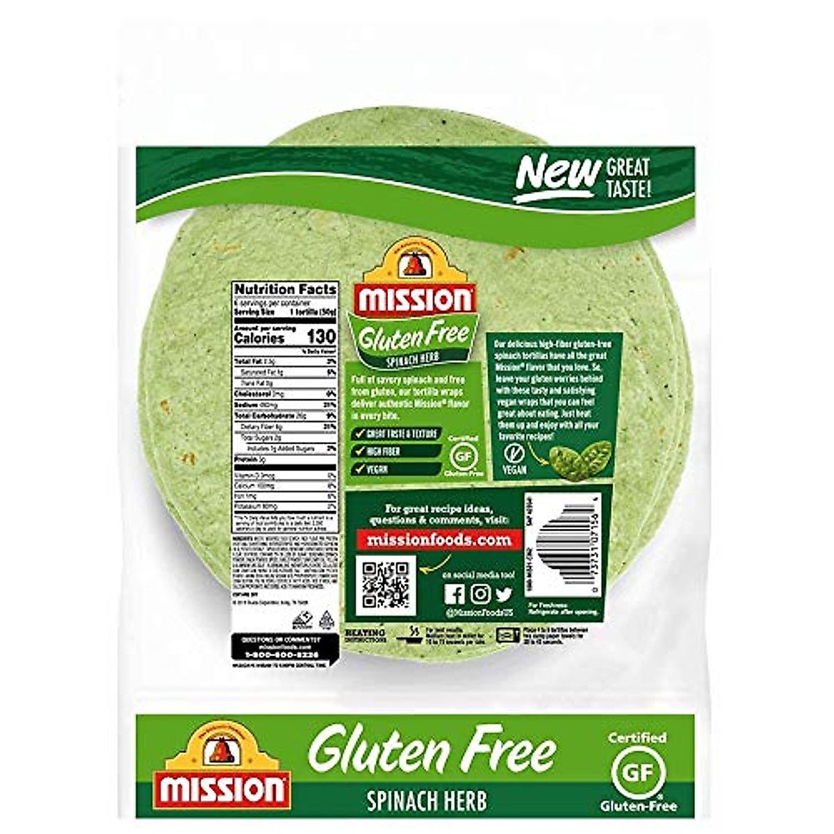 Mission Gluten Free Spinach Herb Tortilla Wraps (2 Packs) - Vegan - High Fiber - (12 Tortillas)