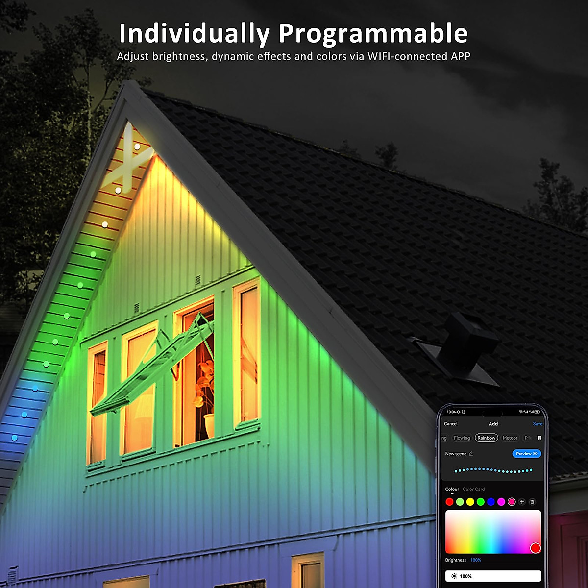 NOVOSTELLA Permanent Outdoor Lights, Smart RainbowColor RGB IC Light, 100ft (50x2) with 80 LED Eaves Lights IP65 Waterproof for Holidays, Christmas, Daily Lighting, WiFi APP Voice Control