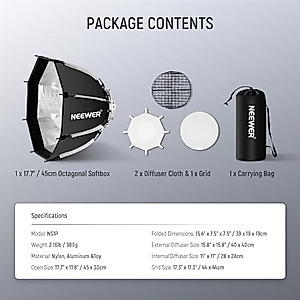 NEEWER 17.7"/45cm Octagonal Softbox Bowens Mount, Quick Folding Quick Set Up with Diffusers/Honeycomb Grid/Bag for Q4 RGB CB60 MS60B MS60C MS150B Compatible with Godox Aputure Video Studio Light, NS1P