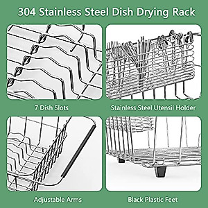 Large Sink Dish Drying Rack, Expandable 304 Stainless Steel Metal Dish Drainer Rack Organizer Shelves with Stainless Steel Utensil Holder Over Inside Sink, Rustproof