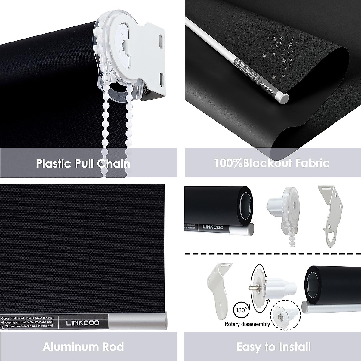 LINKCOO 100% Blackout Roller Window Shades, Room Darkening Window Blinds with Thermal Insulated Fabric, Corded Roll pull down shades for home and office (Black - Width 20", Max Drop Height 79")