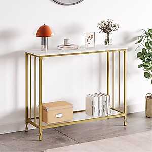 IHEX Console Table, Narrow Entryway Table with Glass Shelf and Metal Frame, 33.5" Industrial Hallway Table for Living Room Bedroom Foyer, Gold