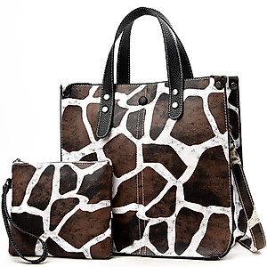 Leopard Print Tote Bag Women Animal Print PU Leather Handbags Ladies Shoulder Bags Totes Purse Clutch Wallet Satchel Style Handbags 2 PCS Set-Deer pattern