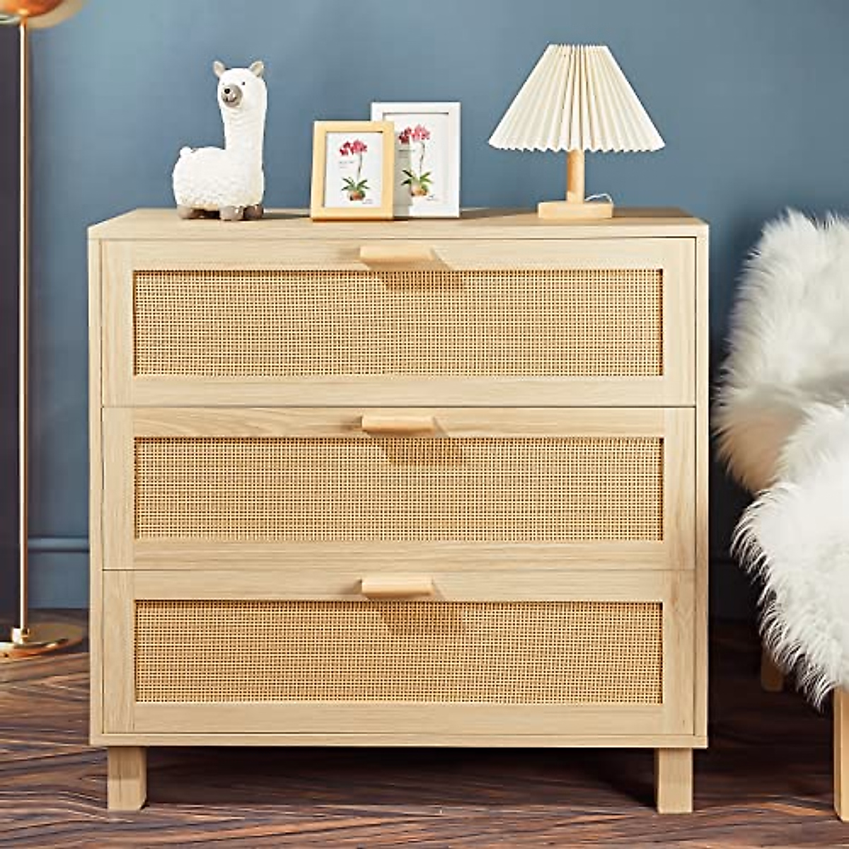 Graficial 3 Drawer Dresser, Rattan Chest of Drawers, Closet Storage Bedside Table Dresser for Bedroom