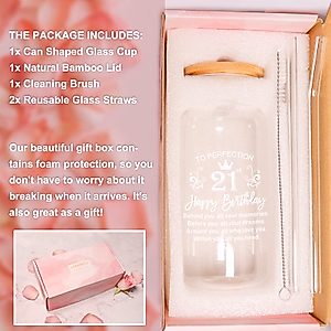21st Birthday Gifts for Her, Happy 21st Birthday Decorations for Her, Funny 21 Year Old Birthday Gift Ideas for Her, Friends, Sister, Daughter - 16 Oz Can Shaped Glass Cups with Lids and Straws