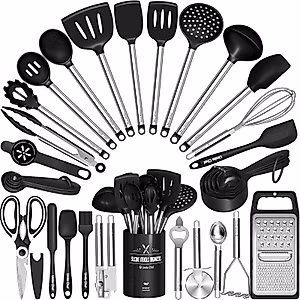 Kitchen Utensils Set-Umite Chef 34 Pcs Silicone Cooking Utensils Set for Nonstick Cookware-Silicone Spatulas Set, Stainless Steel Handle-Black Kitchen Gadgets Tools, Pots and Pans Accessories