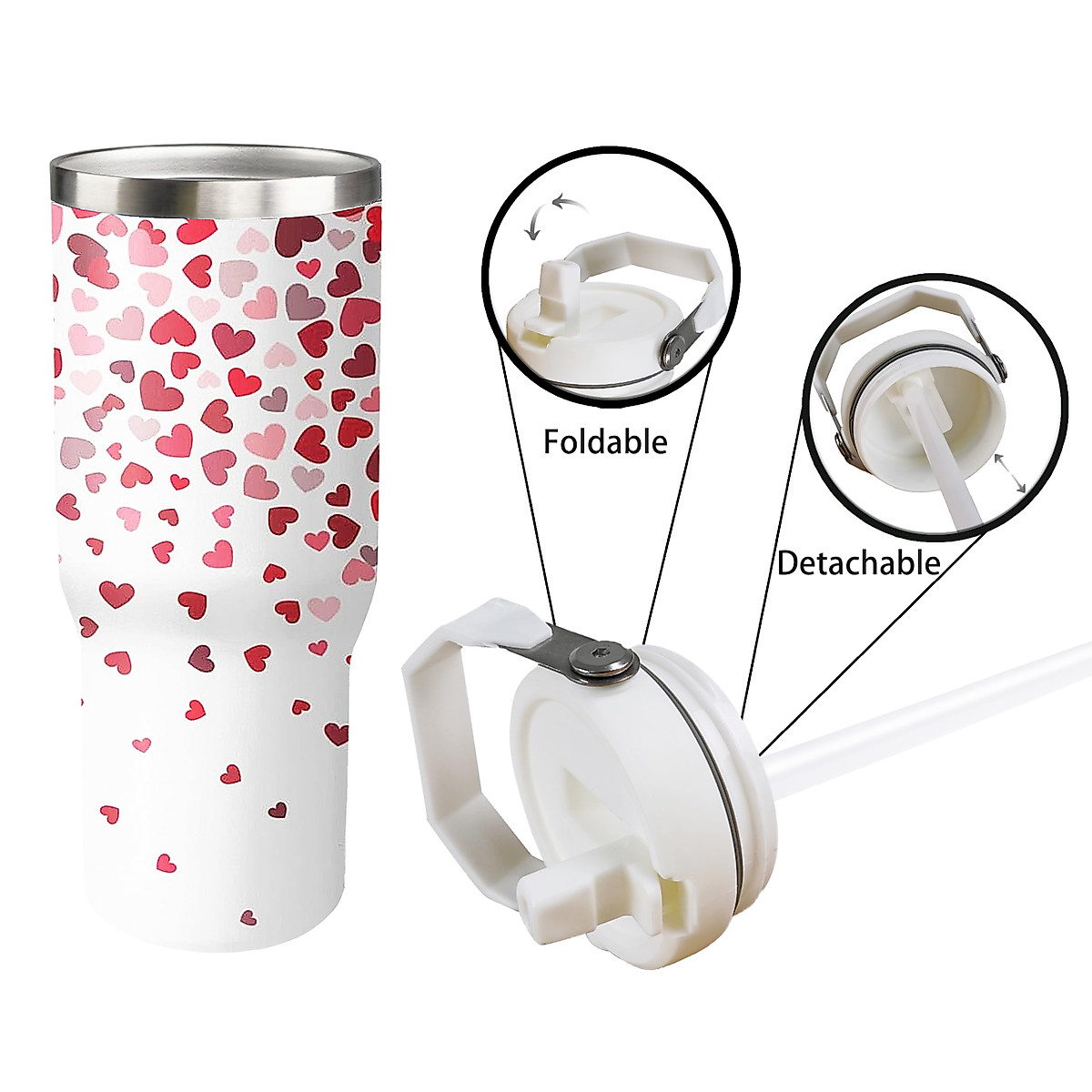 HOWSEESNOW 30oz Valentines Insulated Tumbler with Handle and Straw, Leak Proof Travel Coffee Mug, Reusable Stainless Steel Heart Tumbler, Valentines Gifts for Her