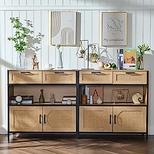 LIDYUK Sideboard Cabinet with Charging Station, Kitchen Storage Cabinet with Rattan Decorated Doors, Cupboard Console Table Sideboard Cabinet for Dining Room Hallway, Natural