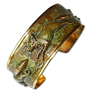 Elaine Coyne Collectible Artwear Olive Patina Solid Brass Fox Cuff