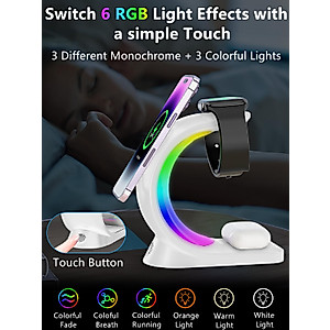Mag-Safe 3 in 1 Wireless Charging Station, [6-Color RGB Light] 15W Fast Magnetic Wireless Charger Stand for Multiple Devices Apple, for iPhone 15 14 13 12 Pro Max/Plus/Pro, for iWatch 2 to 9