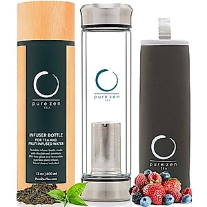 Pure Zen Tea Tumbler with Infuser - Double Wall Glass Travel Tea Mug with Stainless Steel Filter - Leakproof Tea Infuser Bottle with Strainer for Loose Leaf Tea and Fruit Water 13 Ounce