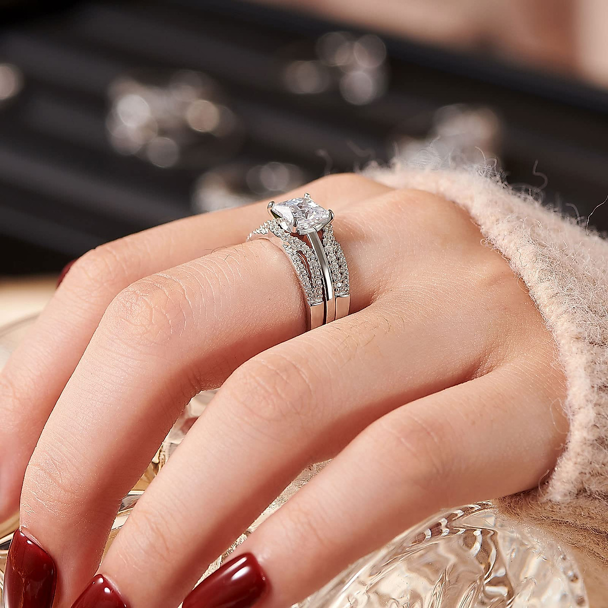 Wuziwen 2 Carat Princess Cut 925 Sterling Silver Ring Enhancers CZ Wedding Ring Sets For Women Size 10