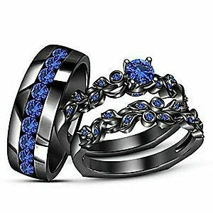 Triostar Wedding Ring Set Valentine's Promise Ring Set His Hers Couples Matching Rings Women's 14K Black Gold Plated Women's Size 6 & Men's Size 11
