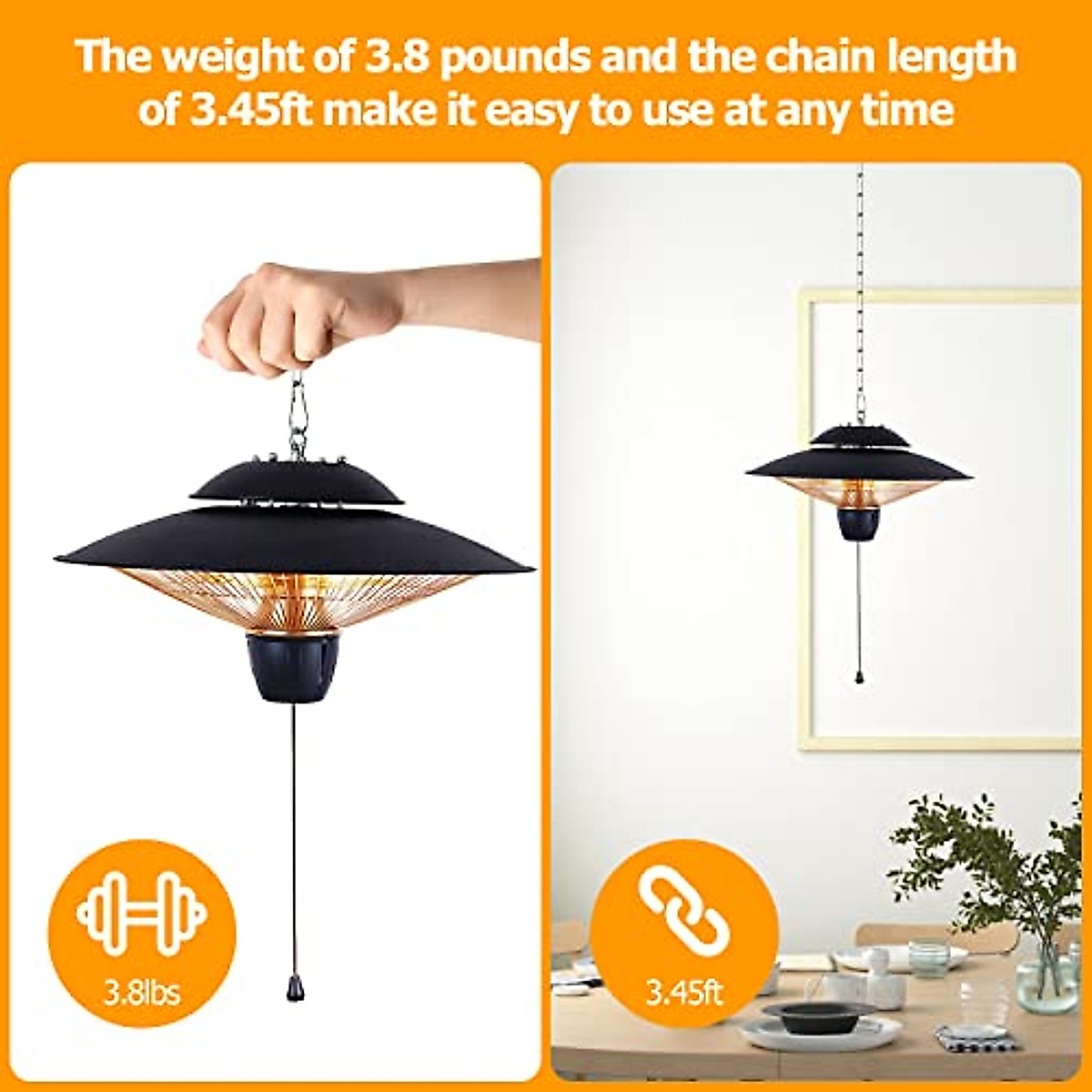 Ceiling Patio Heater, 1500W Outdoor and Indoor Hanging Patio heaters, Waterproof Courtyard Electric Heater, Hanging Mounted Heater 3S Fast Heating, IP24 Rated 2 Power Levels for Large Room, Garage