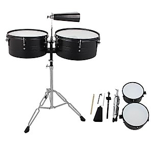 Lykos Percussion 13" & 14" Timbales Drum Set with Stand and Cowbell… (Black)