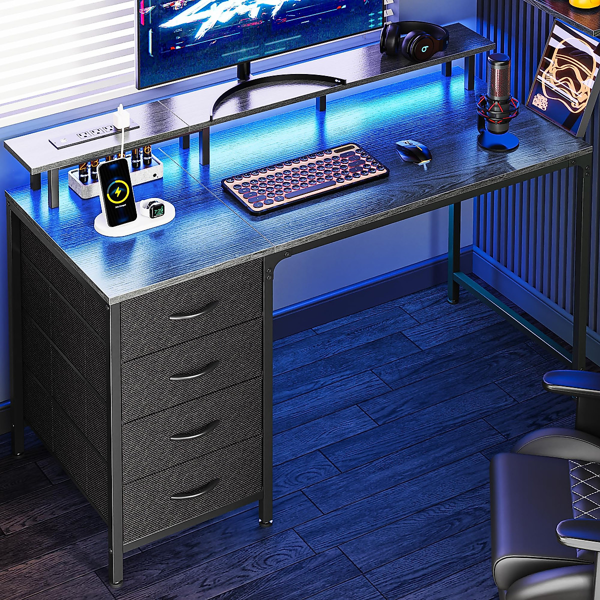 Huuger 47 Inch Computer Desk with Power Outlets and LED Lights, Gaming Desk with 4 Drawers, Office Desk with Monitor Stand, Study Desk Work Desk for Home Office, Small Spaces, Gray