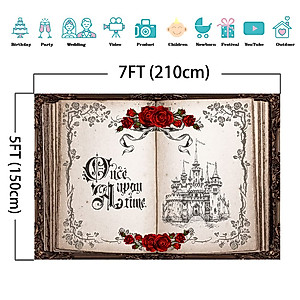 Mocsicka Once Upon a Time Backdrop Princess Castle Wedding Party Background Fairytale Book Red Roses Bridal Shower Party Cake Table Decoration Photo Booth Props (7x5ft)