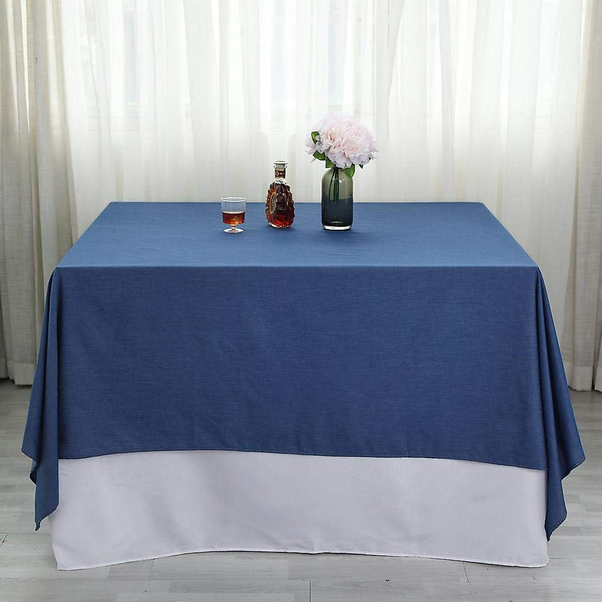 Tableclothsfactory 85" x 85" Dark Blue Faux Denim Polyester Table Overlays Square Tablecloth Cover for Wedding Party Event Banquet
