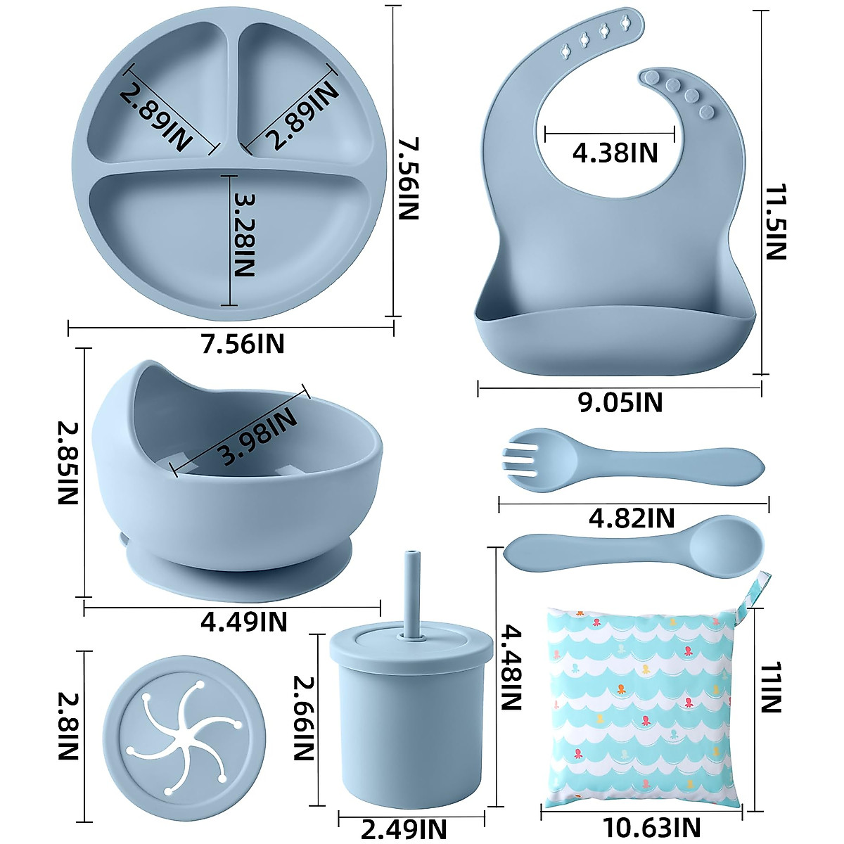 ECLIP Silicone Baby Feeding Set, 10 Pcs Baby Led Weaning Supplies with Suction Bowl Divided Plate Adjustable Bib Soft Spoon Fork Snack Cup with Lid Drinking Cup, Utensil (Blue)