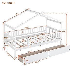 BestLM Twin Size Wooden House Bed with Two Storage Drawers for Kids, Wood Platform Bed Frame with Fence, Roof, and Safety Guardrail for Kids, Teens, Girls, Boys, White