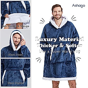Ashago Wearable Blanket Hoodie for Adult Oversized Sherpa Blanket Sweatshirt Hoodie with Sleeves and Giant Pocket Gifts for Women Men（Blue）