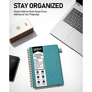 WEMATE Spiral Address Book with Alphabetical Tabs, Leather Password Book, Address Organizer Telephone Notebook Journal Keep Contact Safe Hardcover Large Print for Seniors Home Office 5.8″×8.2″, Green