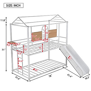 Harper & Bright Designs Bunk Bed with Slide, House Bunk Beds Metal Frame Twin Over Twin Bunk Bed for Kids Toddlers Girls Boys, White