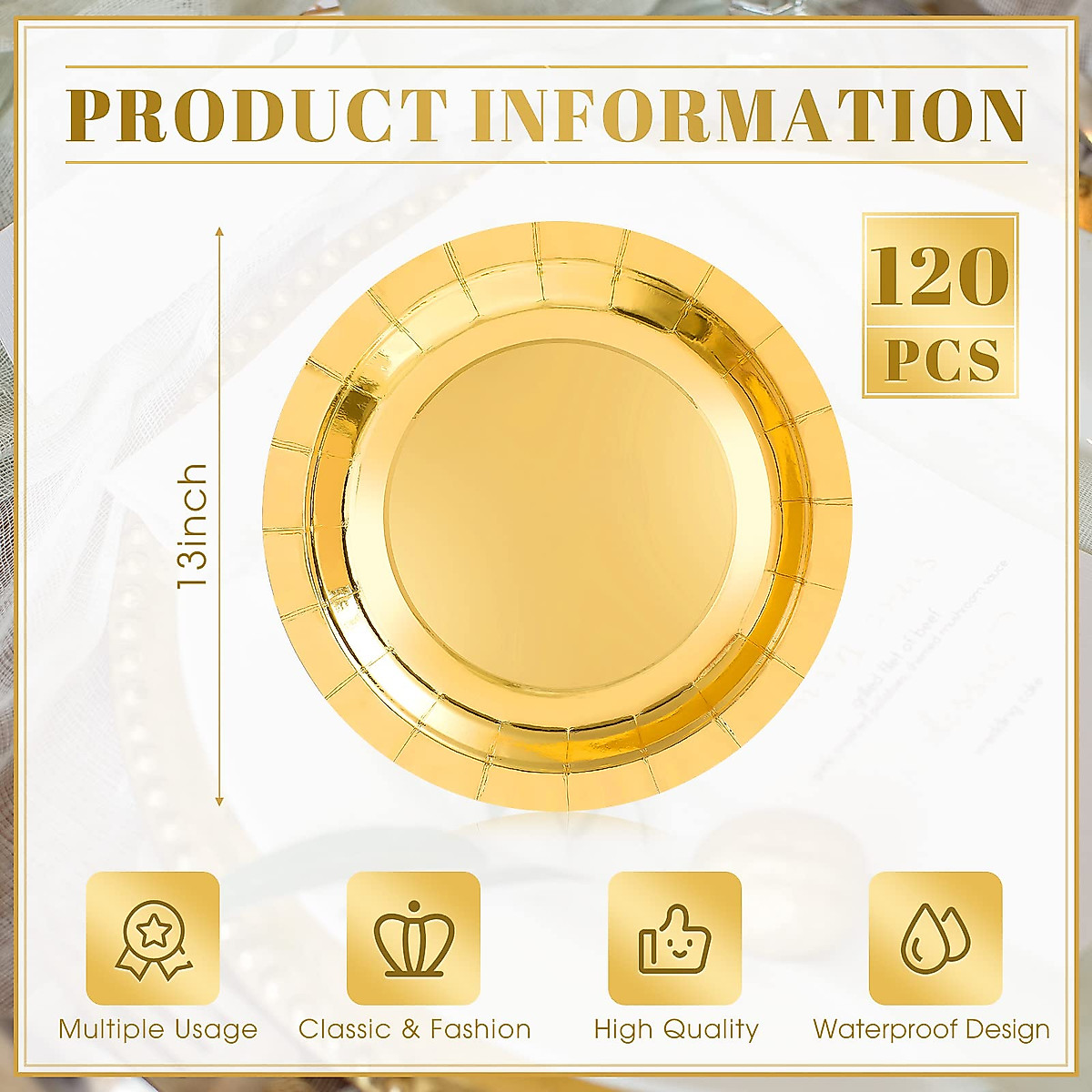 Patelai 120 Pcs Wedding Disposable Charger Plates Bulk 13 Inch Charger Dinner Plate Paper Cardboard Charger Service Plates Round Dinner Charger for Bridal Party Baby Shower Table Setting (Gold)