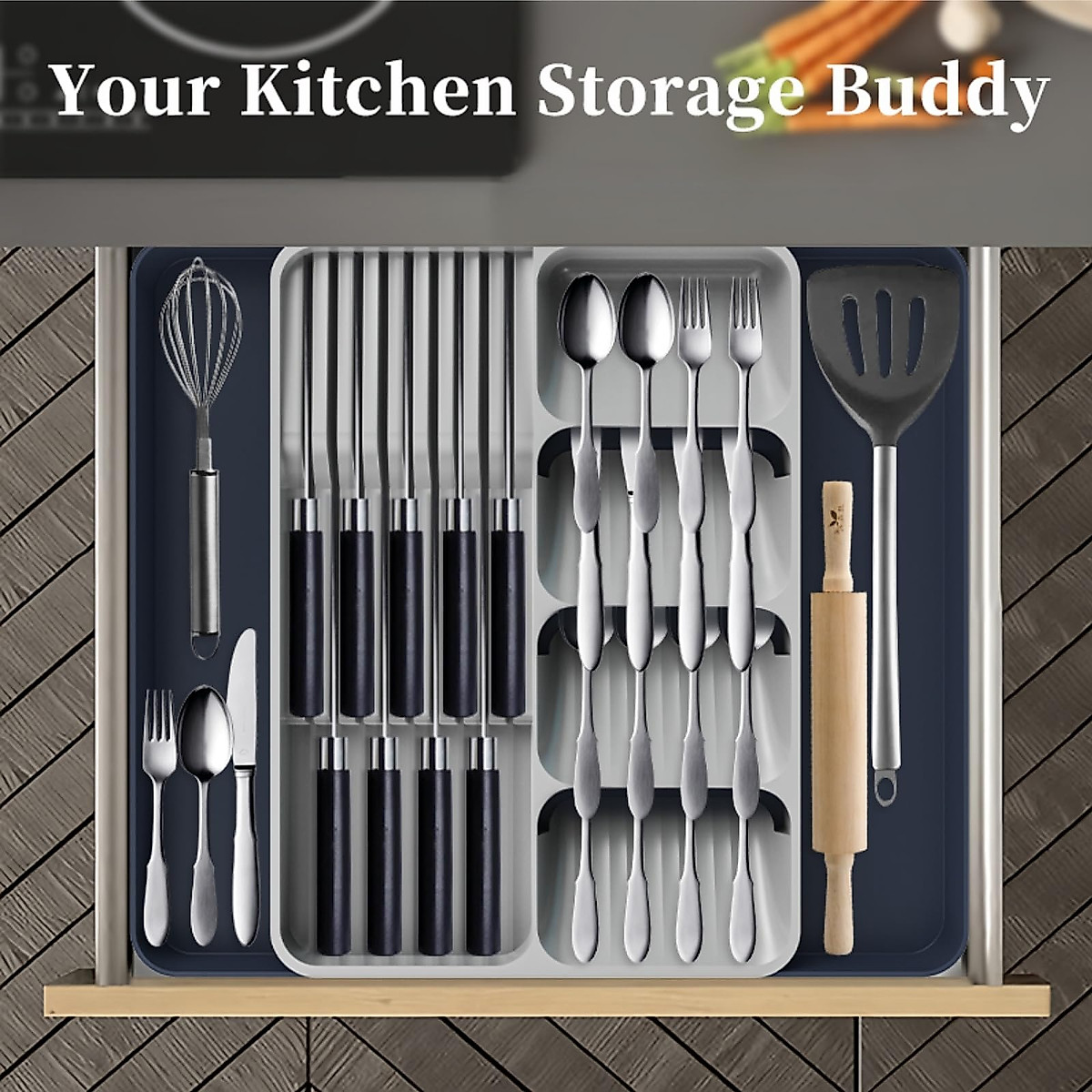 BroWood Utensil Drawer Organizer BPA Free PP Material Flatware Organizers,Expandable Cutlery Drawer Organizer,Adjustable Plastic Silverware Organizer