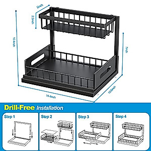 Statiem Under Sink Organizer, 2-Tier Under Sink Organizers and Storage Stainless Steel Drill-Free Rustproof Pull Out Cabinet Organizer for Bathroom Kitchen Organizers and Storage