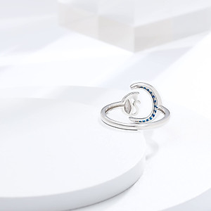 Adjustable Cat Moon Ring for Women: 925 Sterling Silver Cute Cats Rings Lovely Kitty Ring Blue Cubic Zirconia CZ Ring Finger Animal Open Bands Stackable Band Dainty Jewelry Birthday Gift for Teen Girl