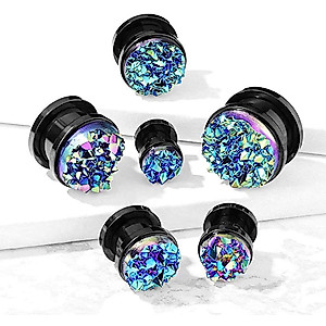 Covet Jewelry Blue Druzy Stone Front Black IP Over 316L Surgical Steel Screw Fit Flesh Tunnel Plugs (1/2 (12mm))
