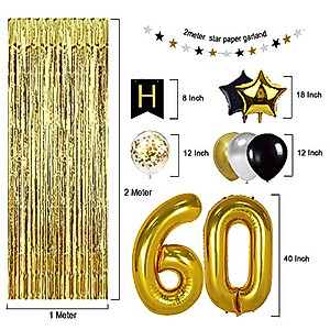 Black and Gold 60th Birthday Decorations Banner Balloon, Happy Birthday Banner, 60th Gold Foil Balloons, Number 60 Birthday Balloons, 60 Years Old Birthday Decoration Supplies