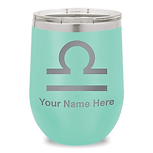 LaserGram Double Wall Stainless Steel Wine Glass Tumbler, Zodiac Sign Libra, Personalized Engraving Included (Teal)