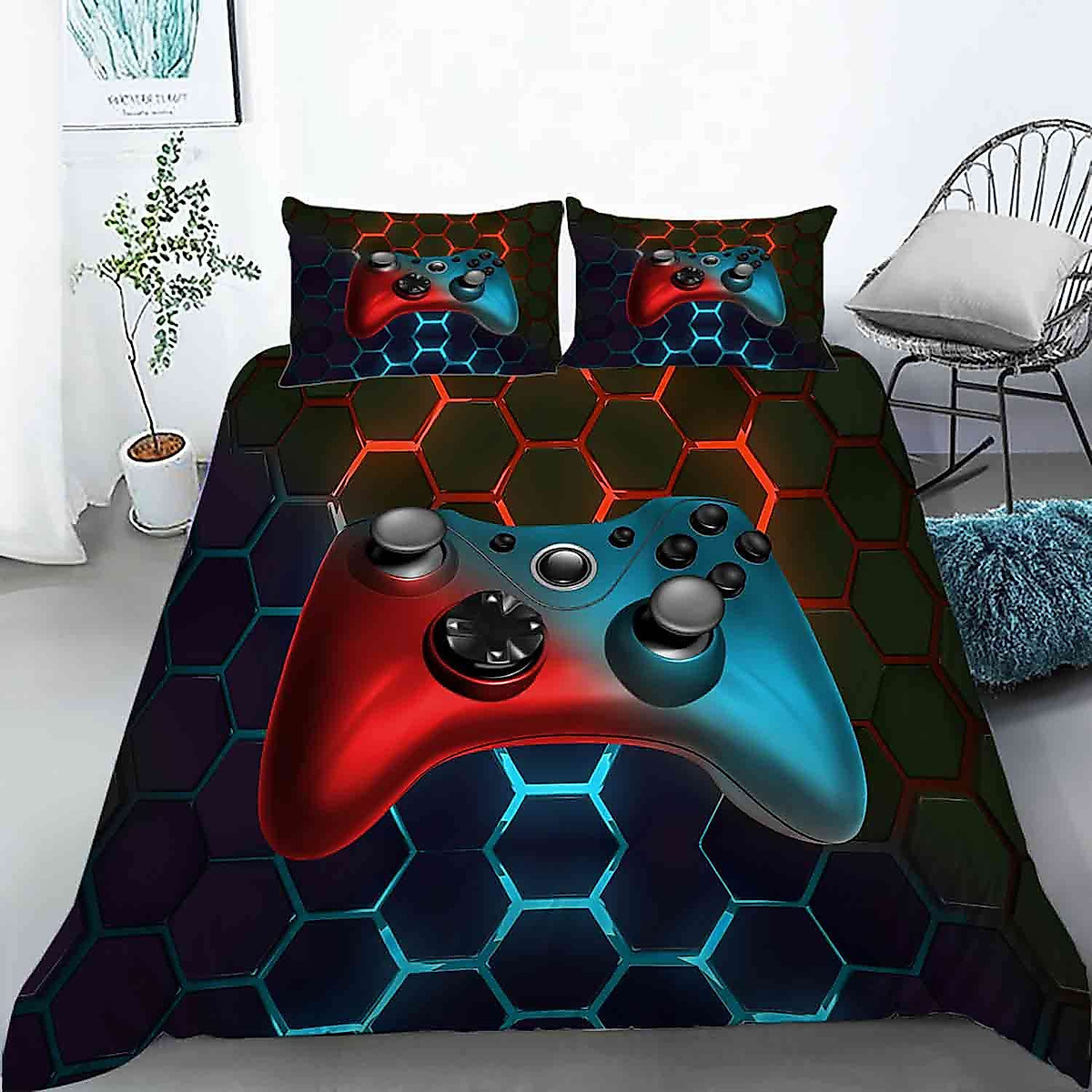 AILONEN Gamer Bedding Sets for Boys,Gaming Duvet Cover Set Twin Size,Boys Video Games Comforter Cover, Bed Set for Teen Boys Bedroom,Gamepad Controller,3 Piece with 2 Pillow Shams