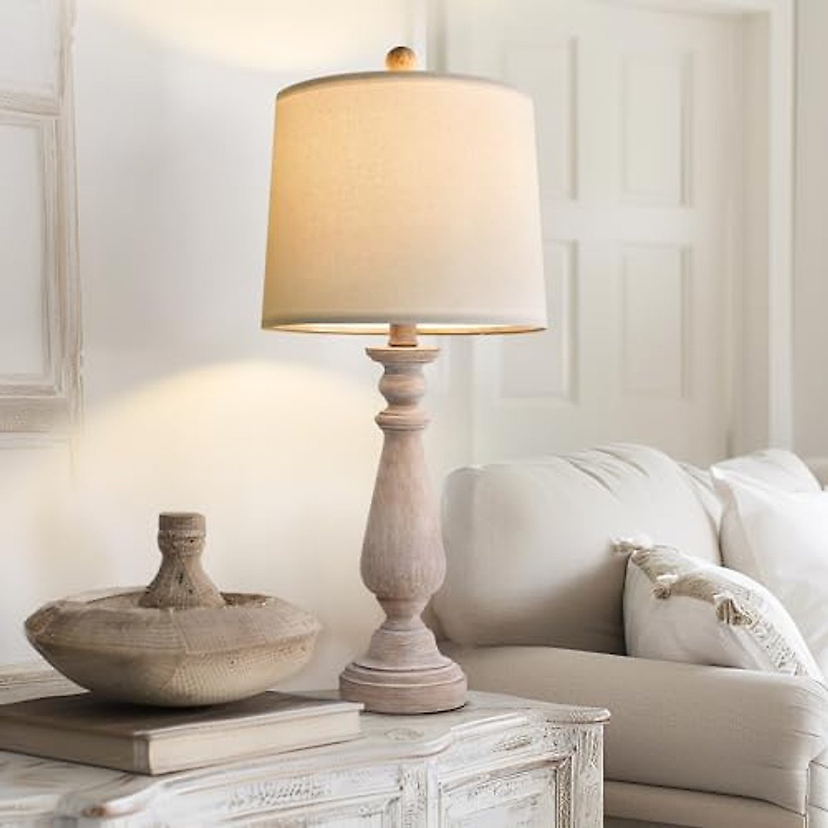 PORTRES 24.5" Mid Century Table Lamp Set of 2 for Living Room Farmhouse Linen Bedside Lamps for Bedroom Kids Room Dorm Office Rustic Lamps for End Table Nigntstand Resin