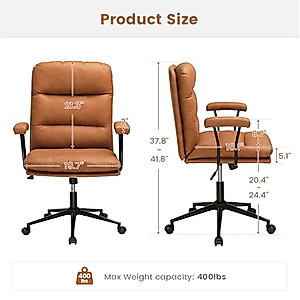 DICTAC Brown Leather Office Chair,Mid Century Home Desk Chair with Padded Mid-Back Support Removable Armrests Height Adjustable