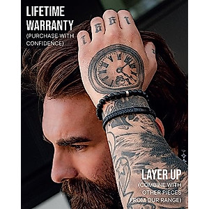 LUXAR Men’s Genuine Interwoven Black Leather Braided Bracelet | Brushed Black Stainless Steel Clasp | Large (7-7½ Inch Wrist) | Male Jewelry